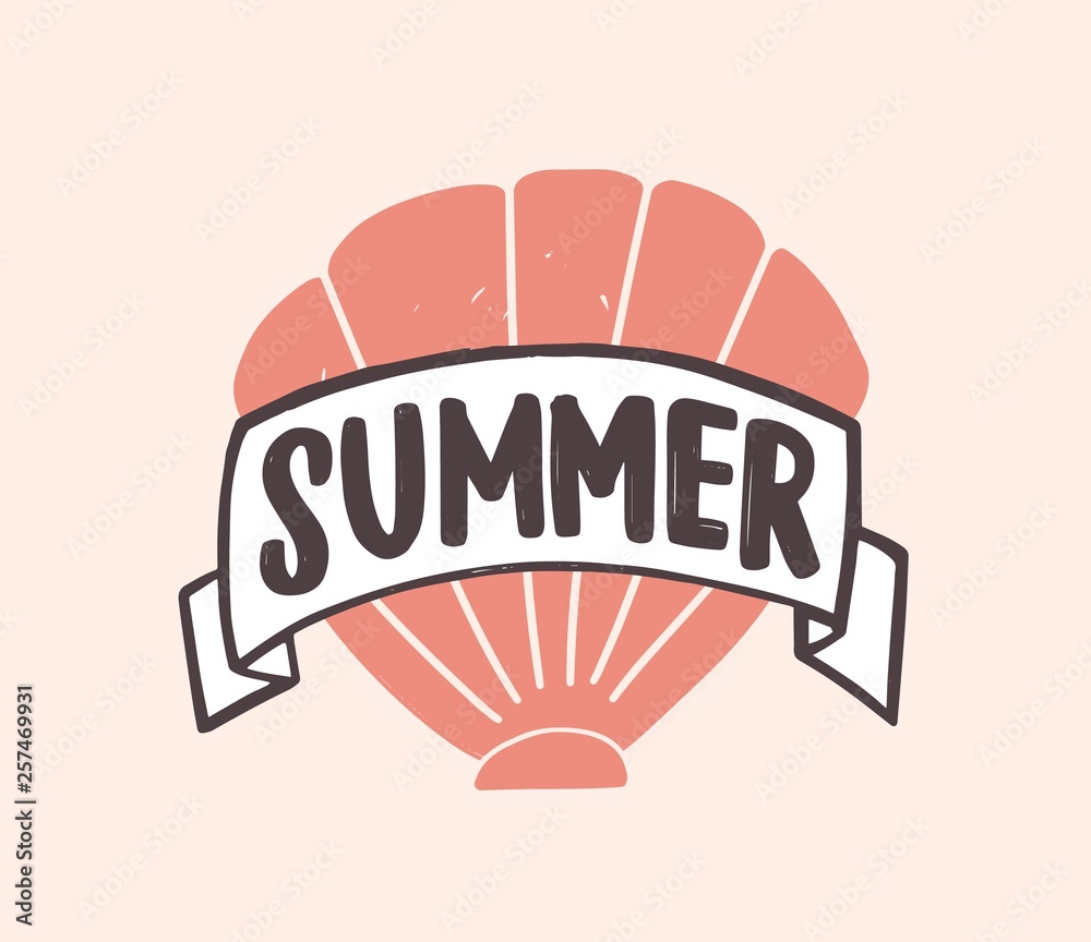 Summer word written with modern funky font on ribbon and decorated by ...