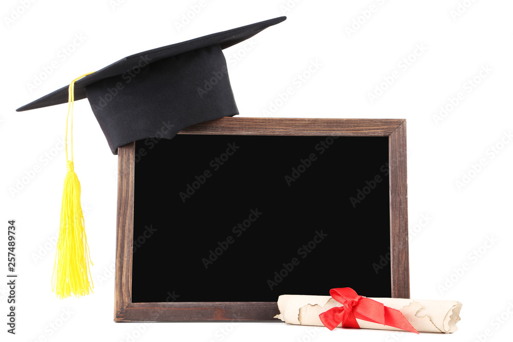 Graduation cap with diploma and blank frame isolated on white ...