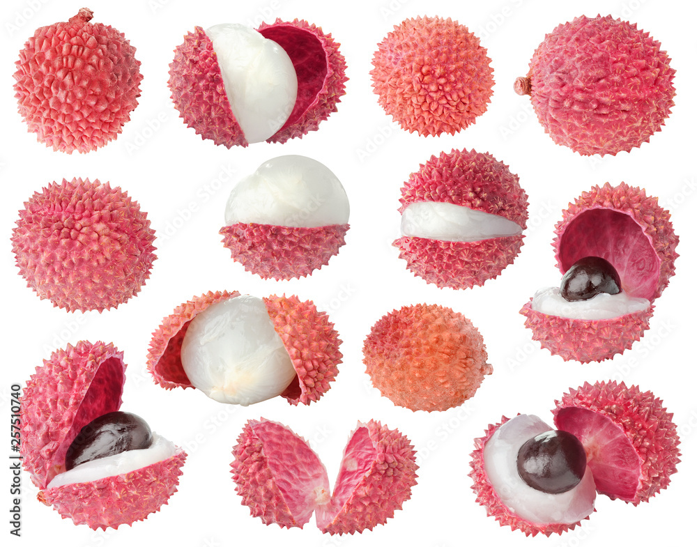 Isolated lychee. Collection of lichee fruits of different shapes, whole ...