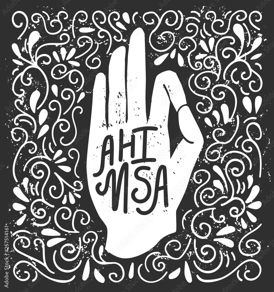 Ahimsa. Vector illustration with white hand silhouette in pose Jnana or ...