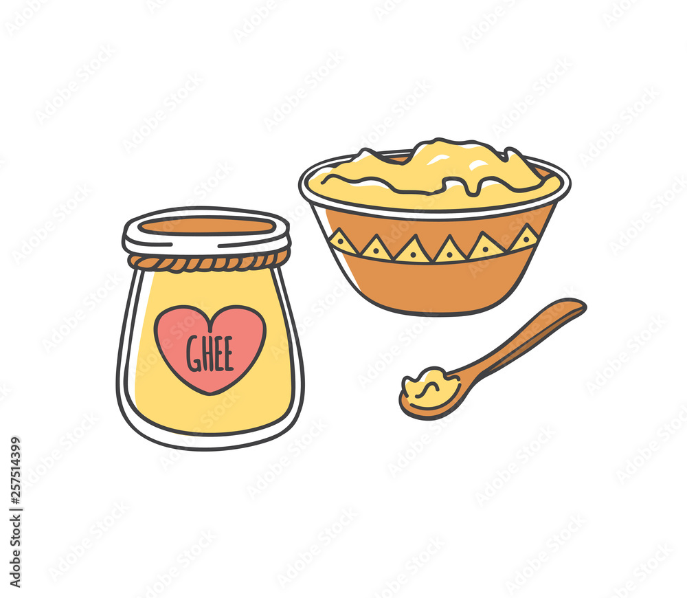 Ghee. Vector illustration of traditional Indian ghee butter. Cute ...