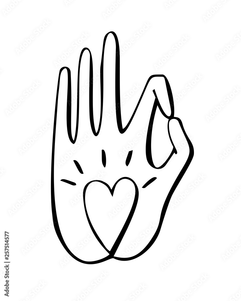 Vector illustration of a hand in a buddhist gesture with a heart symbol ...
