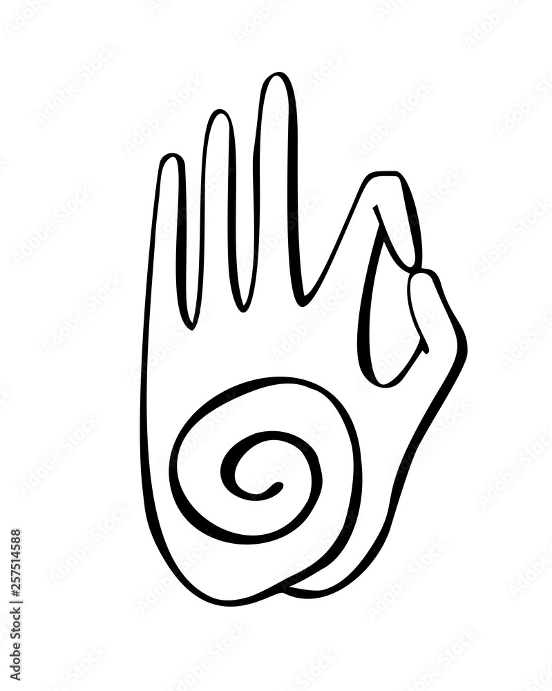 Vector illustration of a hand in a buddhist gesture with a spiral ...