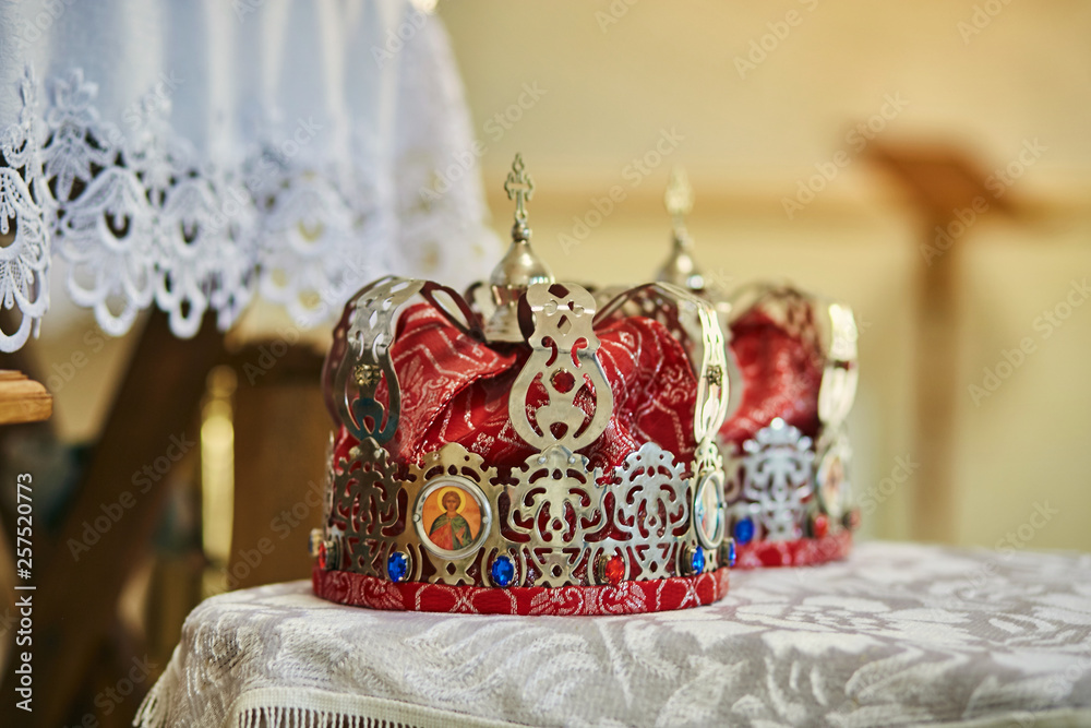Crowns in church ready to wedding ceremony Stock Photo | Adobe Stock