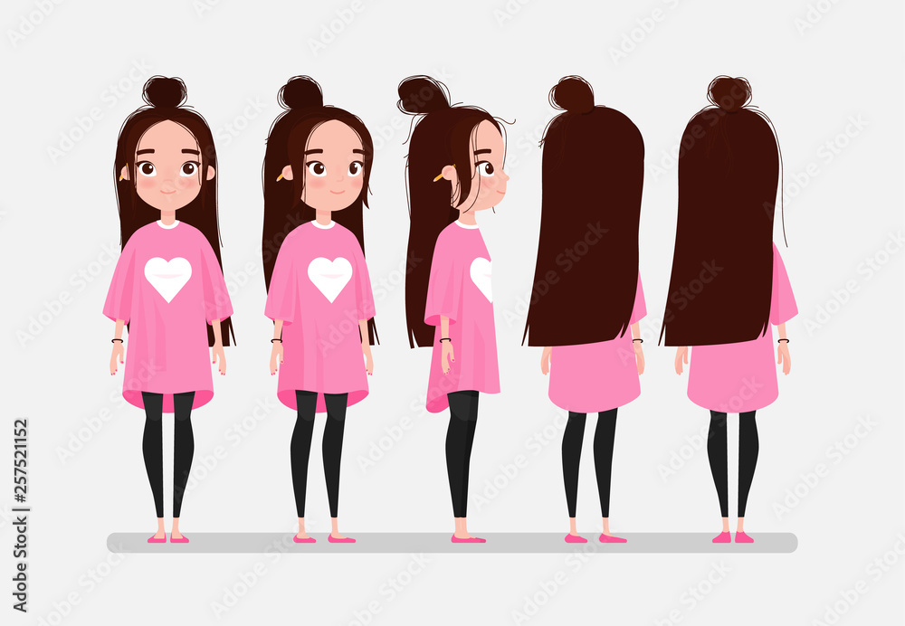 Beautiful young girl character turnaround. Girl with long dark hair in ...