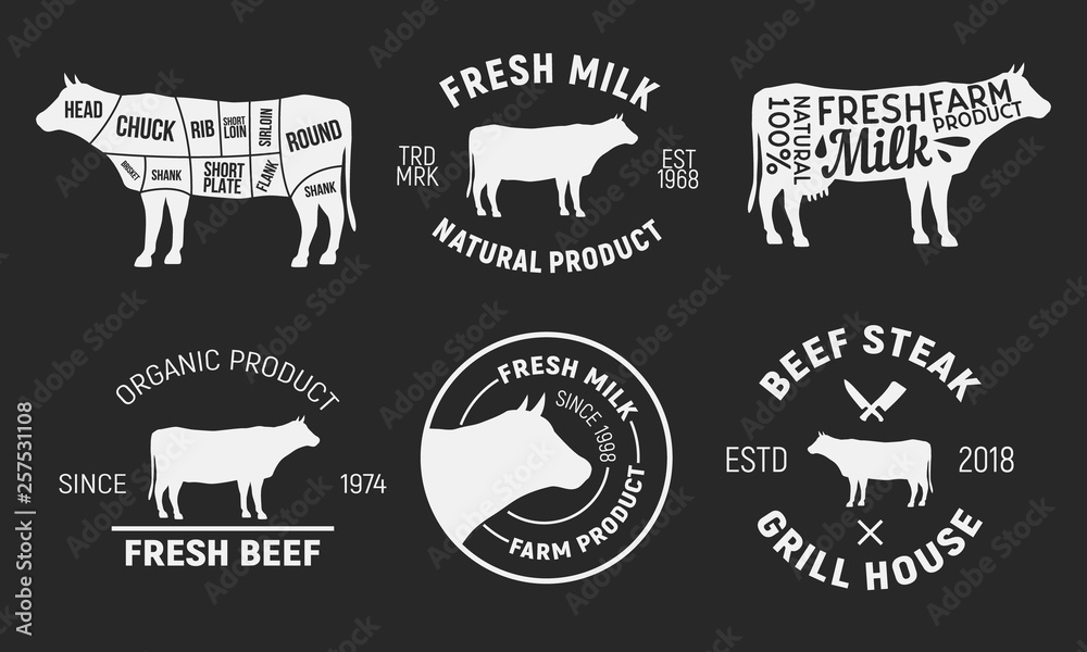 Set of Cow and Beef logos. Cow silhouettes isolated on black background ...