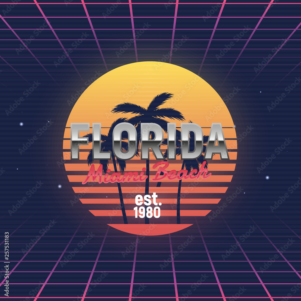 Florida retro futuristic glow logo. 80's style Beach palm and retro sun ...