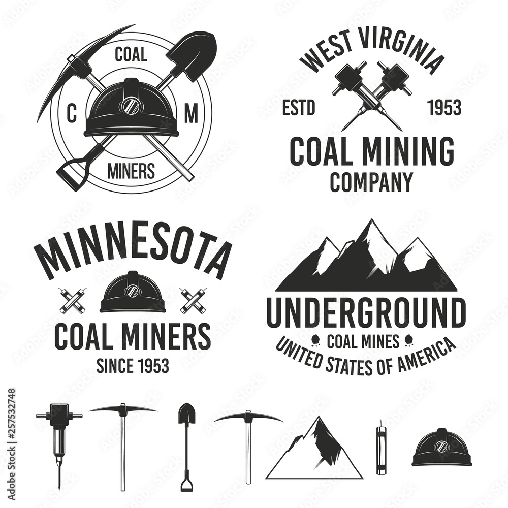 Set of vintage coal mining logo templates. 7 design elements for mining ...