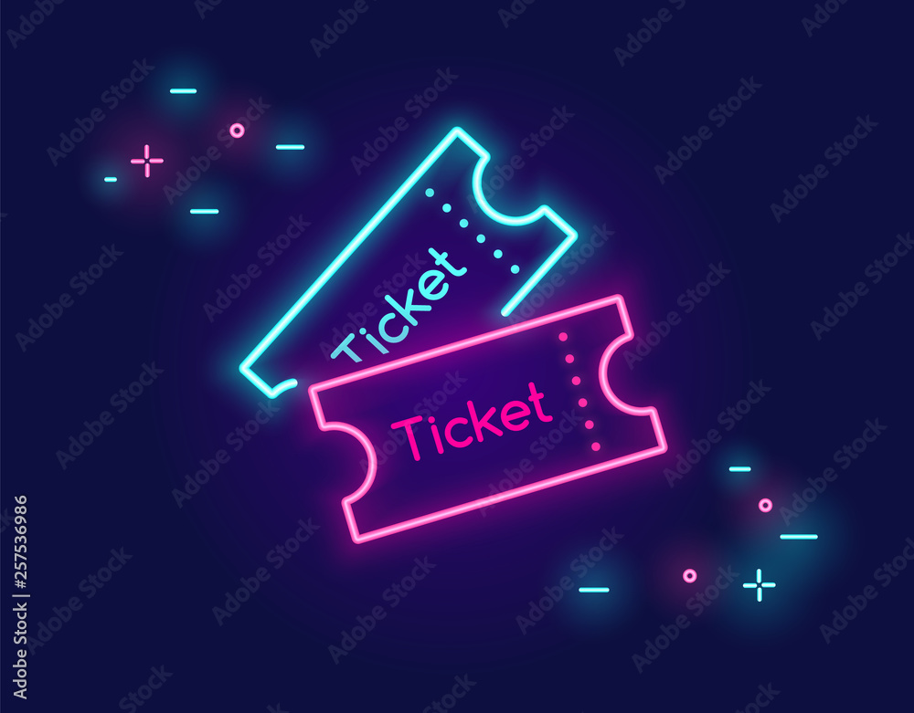 Two tickets banner for social networks in neon light style on dark ...