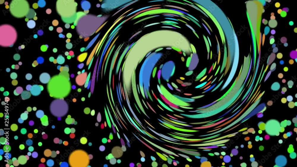 Distortion Dots Animation. Colorful Circles flying out of an twister ...