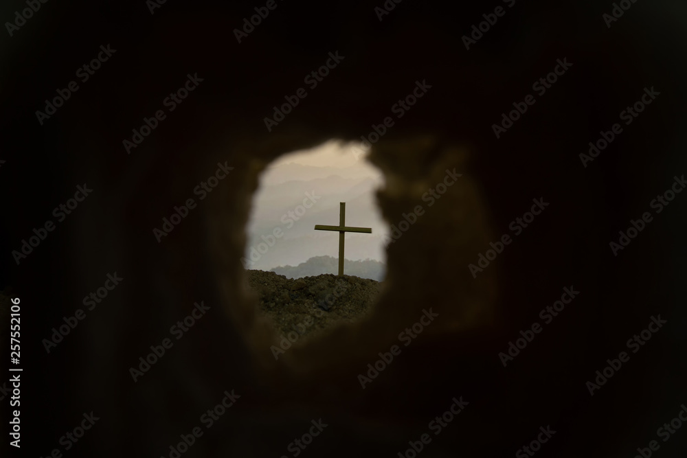 Empty tomb with cross symbol for Jesus Christ is risen Stock Photo ...