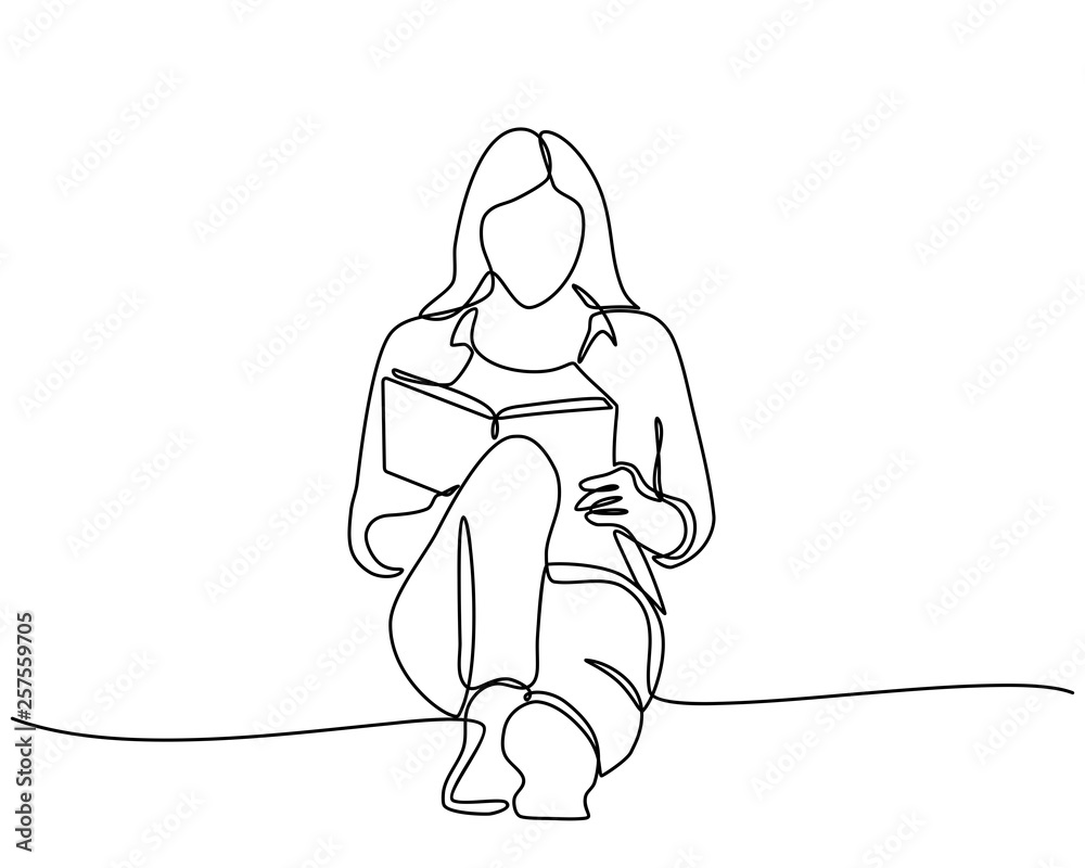 continuous line drawing of Happy mature woman reading her book. young ...