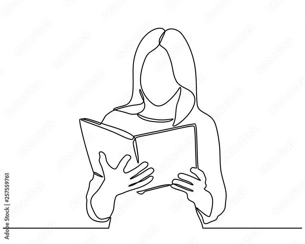 continuous line drawing of Happy mature woman reading her book. young ...