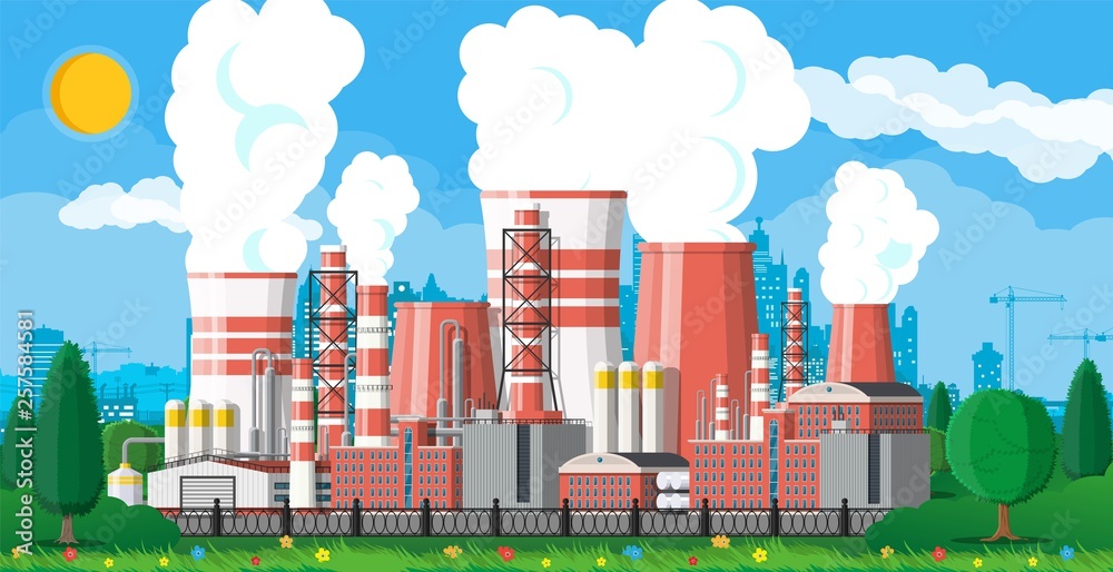 Factory building. Industrial factory, power plant. Pipes, buildings ...