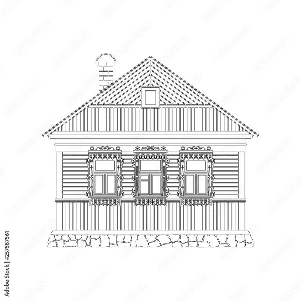 Russian traditional wooden house . The windows are decorated with ...
