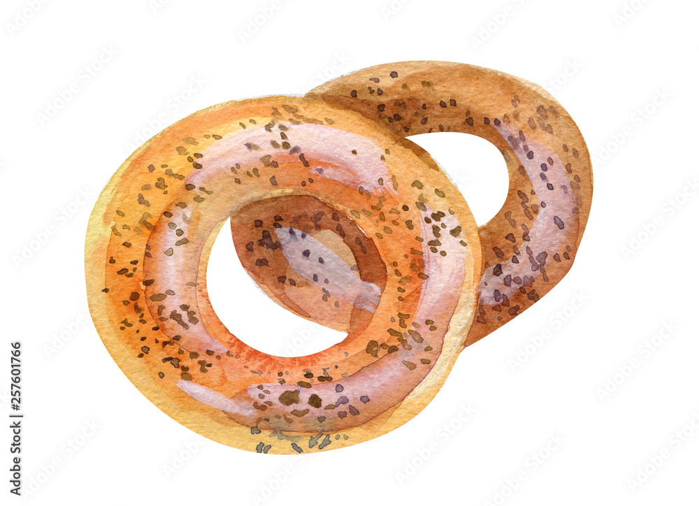 Watercolor realistic illustration of bagel isolated on white background ...