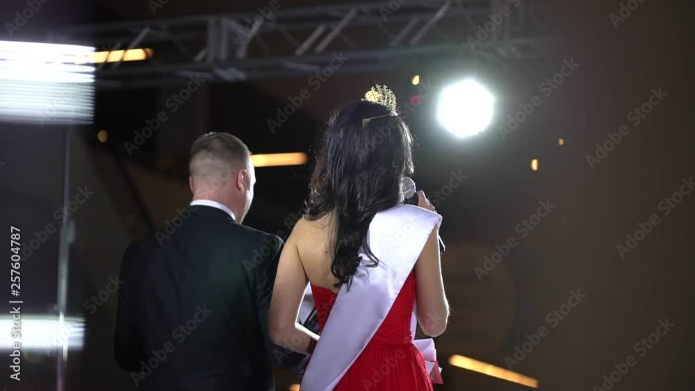 Female woman finalist of beauty contest, performing on stage, winner of ...