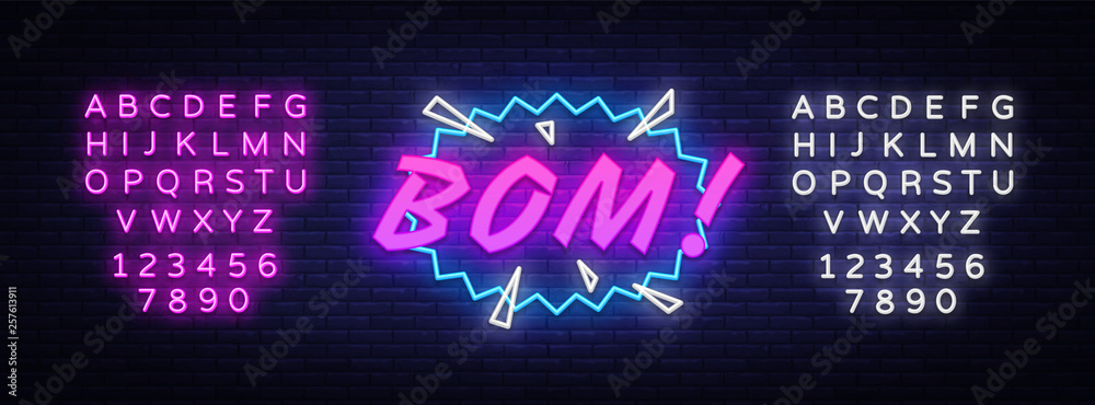 BOM neon text vector design template. Comic speech bubble BOM in neon ...