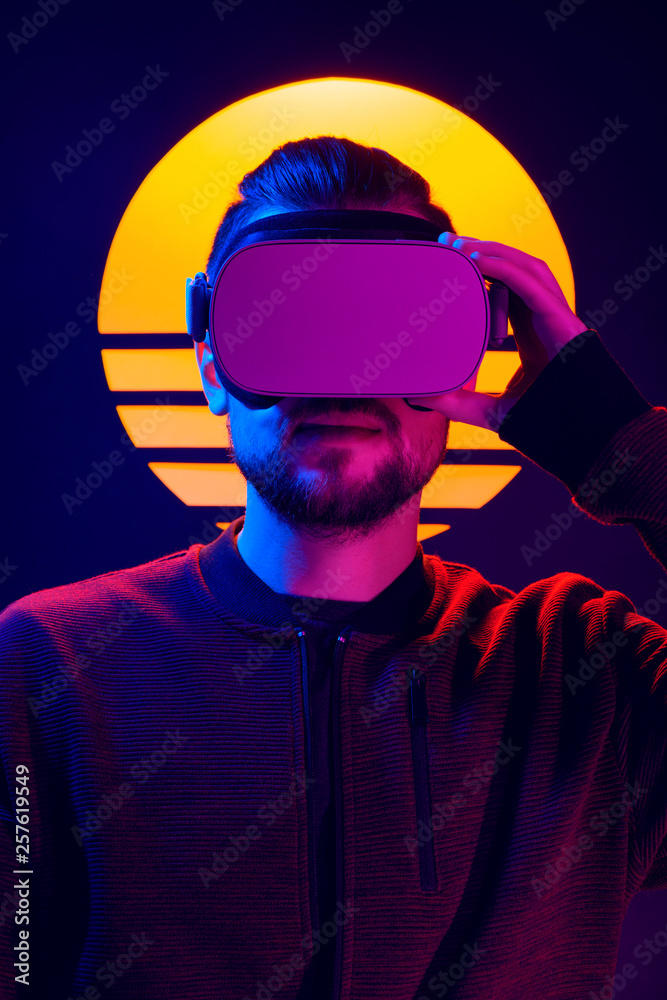 VR head set videogame in 80's synthwave and retrowave futuristic ...