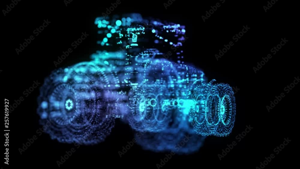Tractor. Glow points formation of 3d Model tractor. Rotating 360 Degree ...