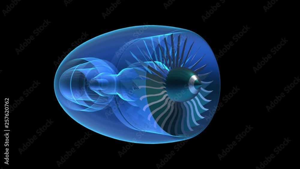 3D Rendering jet engine, close-up view jet engine blades. 4k animation ...
