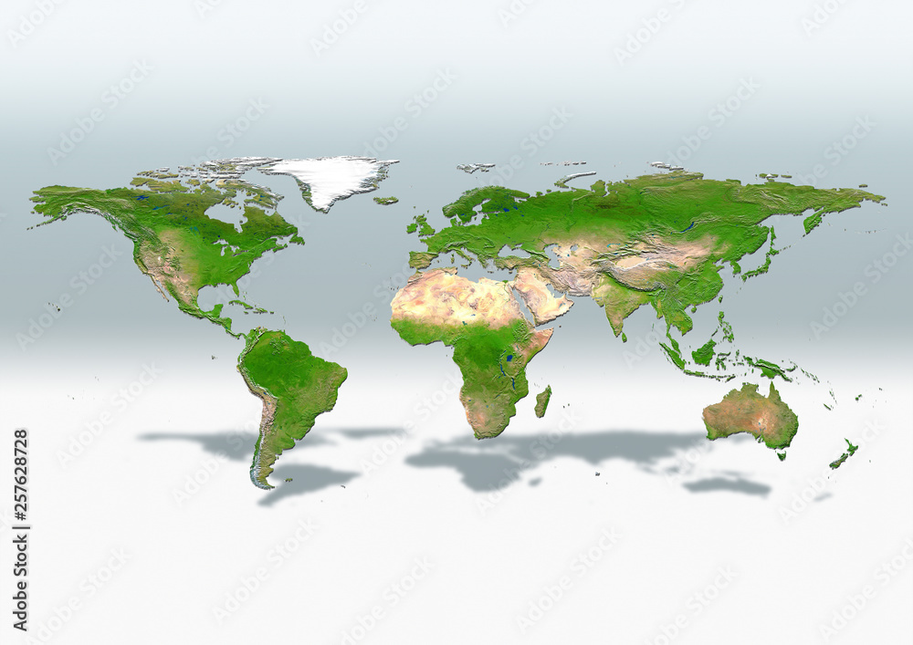 natural world map in relief depiction with europe in the centre ...