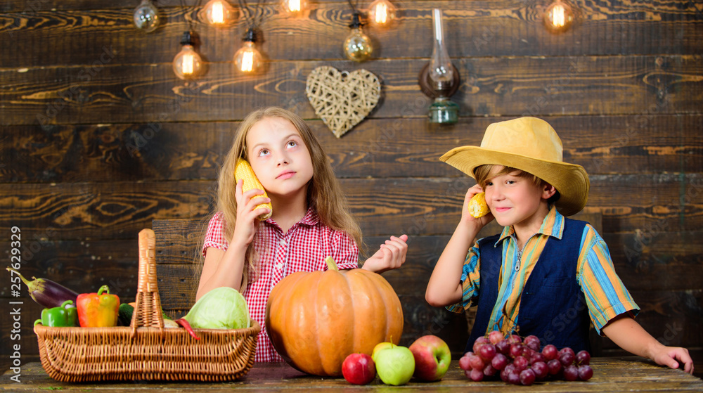 Kids farmers girl boy vegetables harvest. Children presenting farm ...