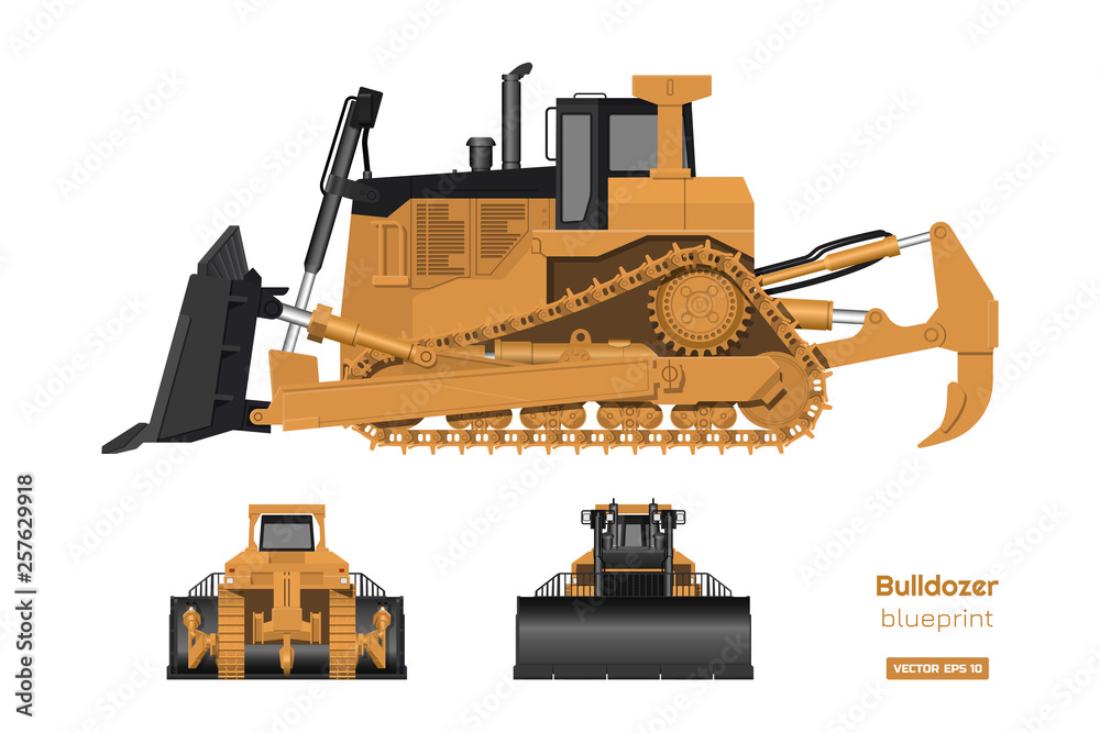 Bulldozer in realistic style. Front, side and back view of digger ...