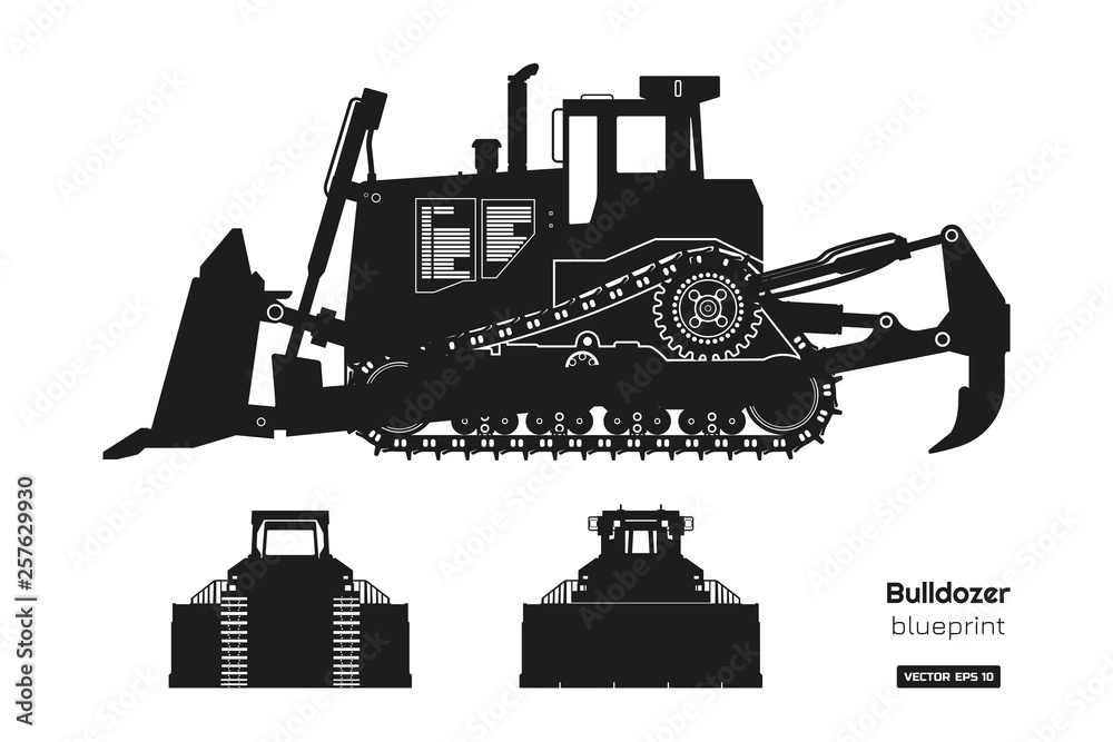 Black silhouette of bulldozer. Front, side and back view of digger ...