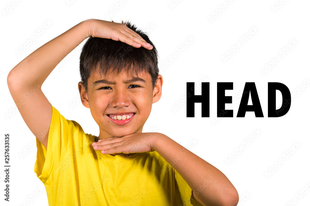 English language learning card with 8 years old child marking his head ... English language learning card with 8 years old child marking his head ...