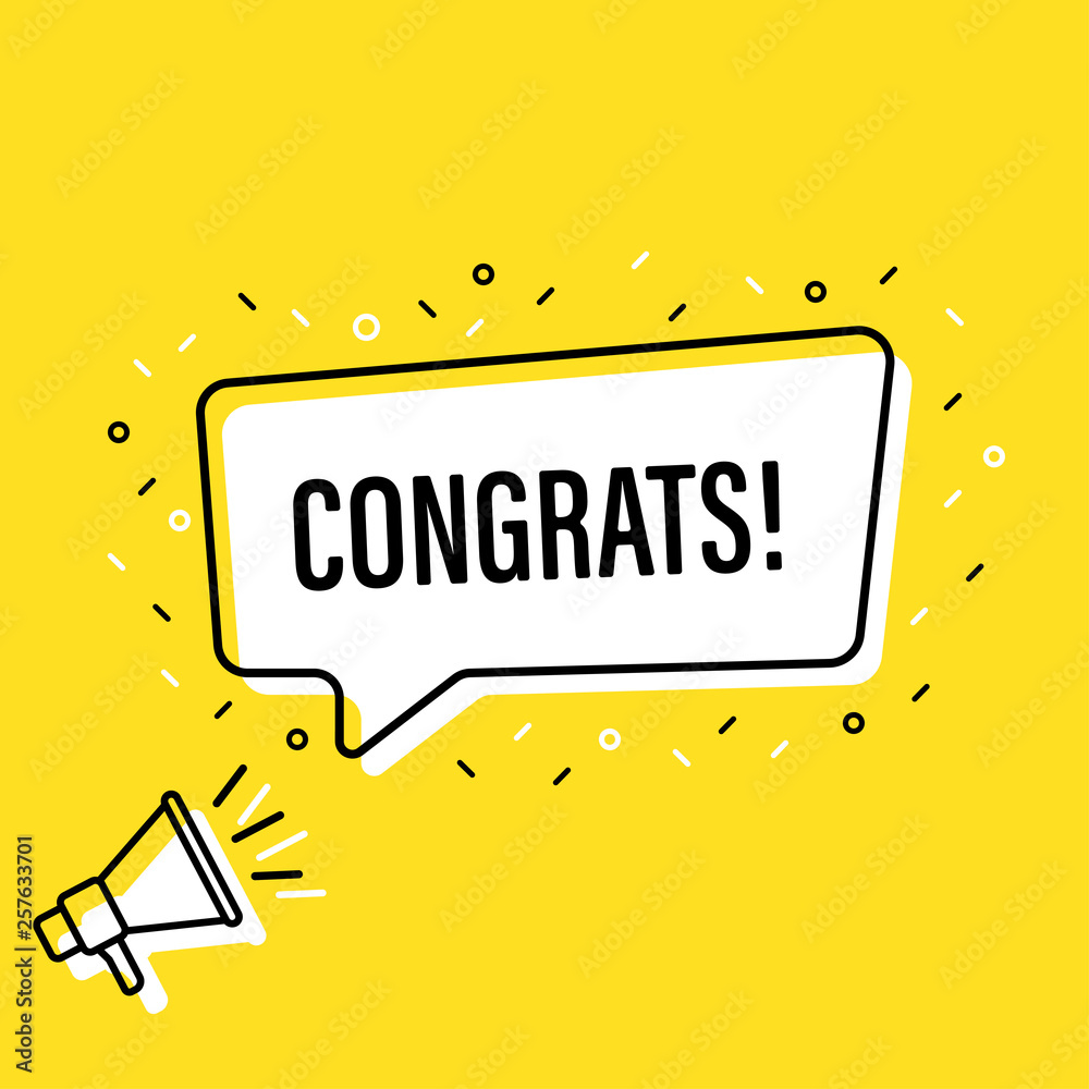 Poster Male hand holding megaphone with congrats speech bubble – Wall ...