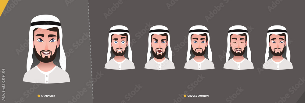 Arab Man character set of emotions. Young cartoon character man for ...