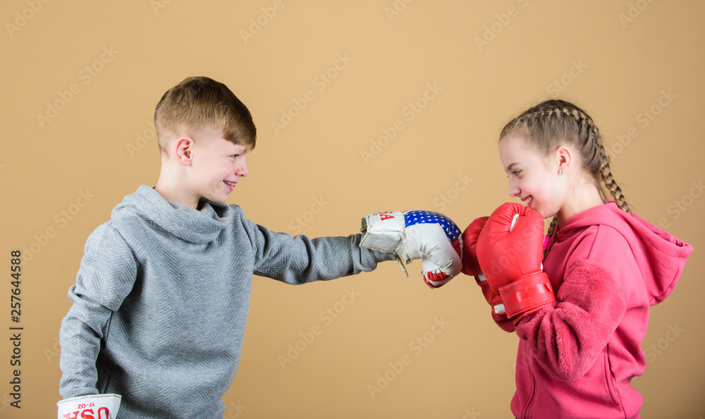 Battle for attention. Child sporty athlete practicing boxing skills ...