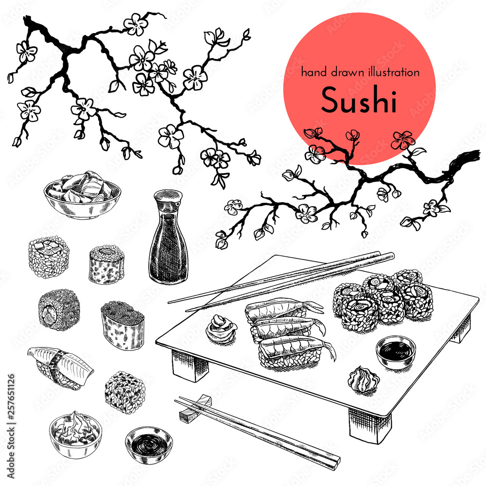 illustration set of asian food. vector sketch with hands drawn ...