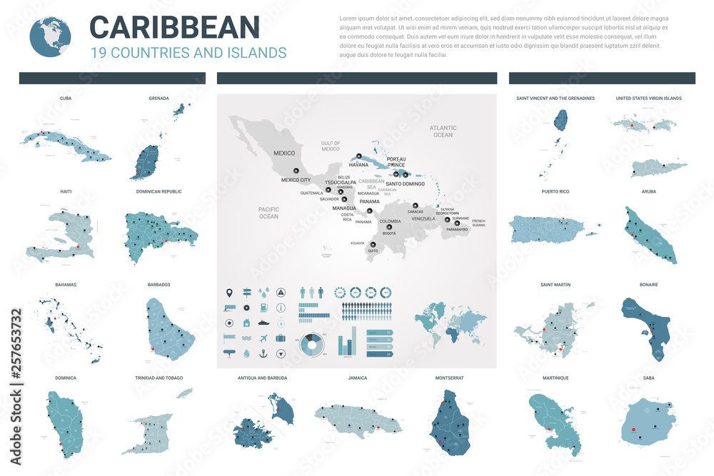 Vector maps set. High detailed 19 maps of Caribbean countries with ...
