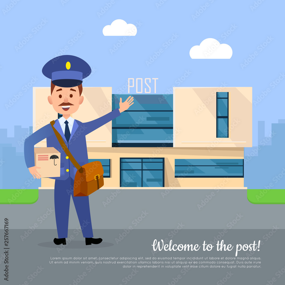 Welcome to the post web banner. Postman pointing on the post office ...