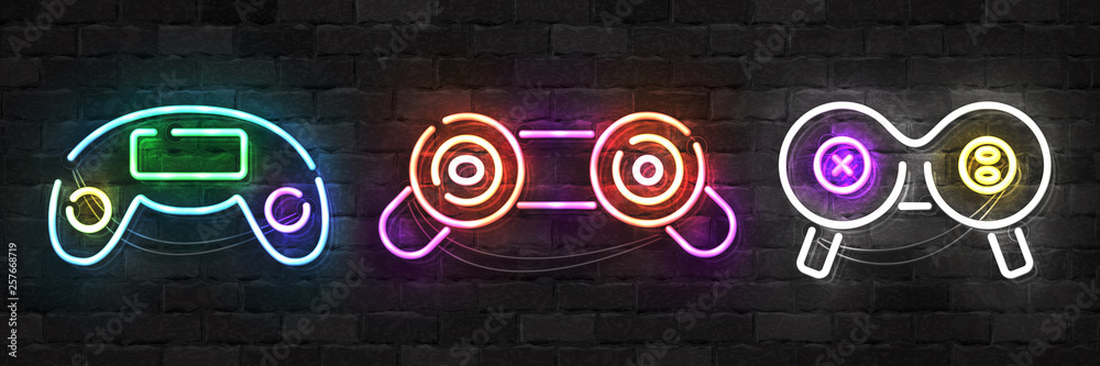 Vector set of realistic isolated neon sign of Game Controller logo for ...