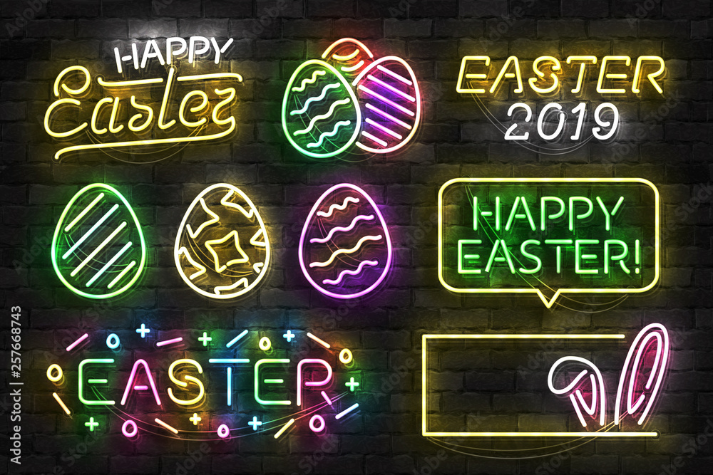 Vector set of realistic isolated neon sign of Easter logo for template ...