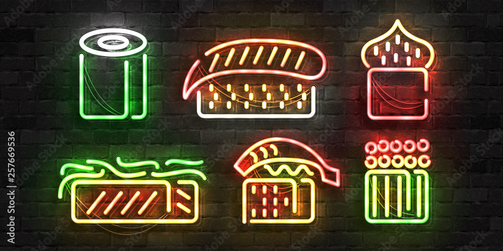 Vector set of realistic isolated neon sign of Sushi logo for template ...