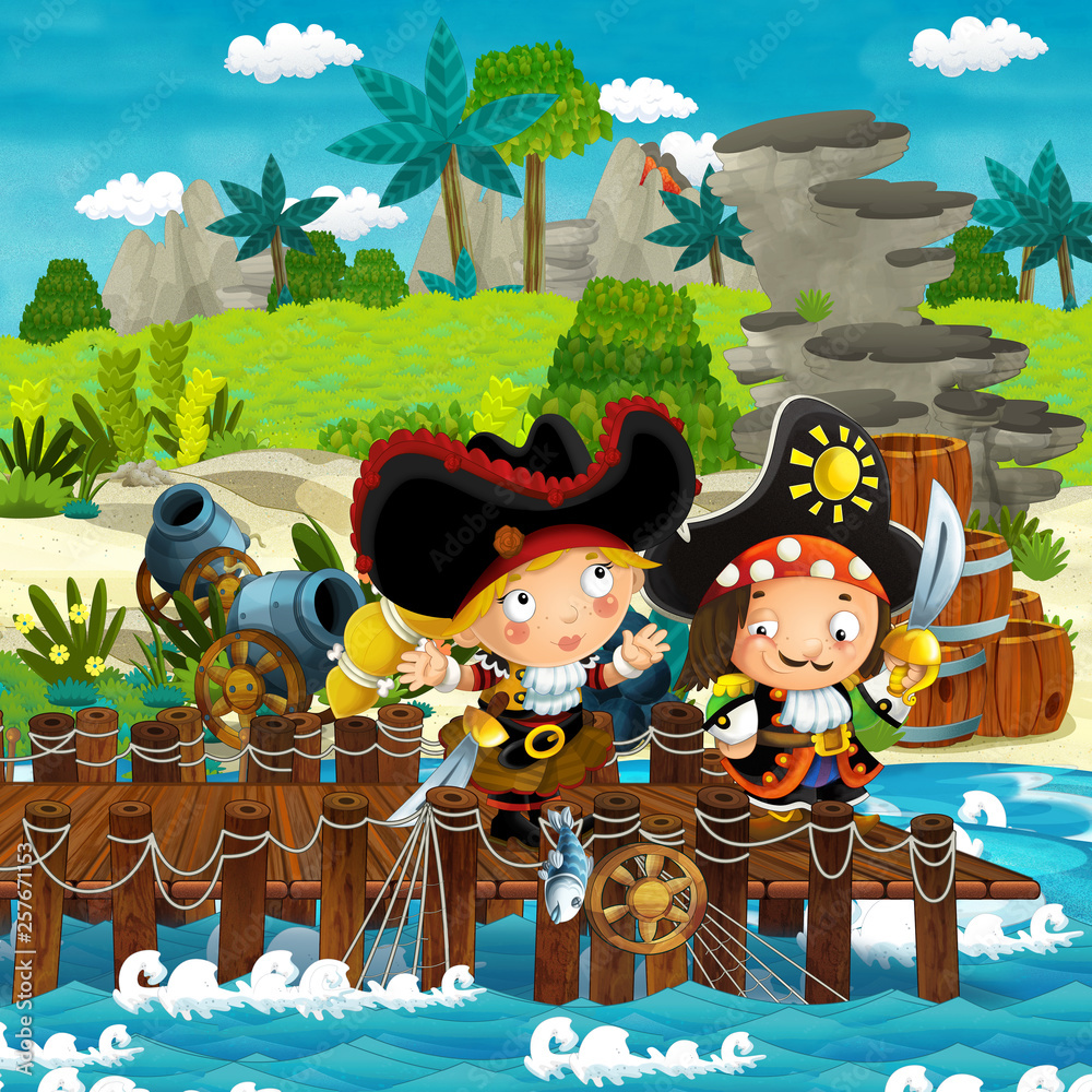 cartoon scene with beach shore with wooden traditional pier harbor on ...