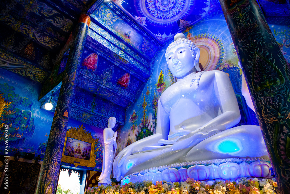 Blueish Buddha Statue inside the Blue Temple (Rong Sua Ten temple) in ...