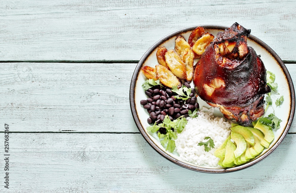 buddha bowl in latin american style. Colombian traditional food. pork ...