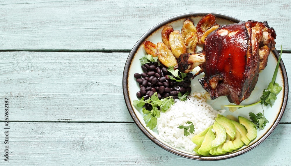 buddha bowl in latin american style. Colombian traditional food. pork ...