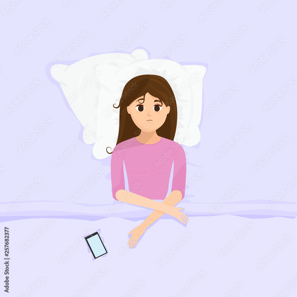 Vector illustration in flat cartoon style with sad sleepless woman in ...