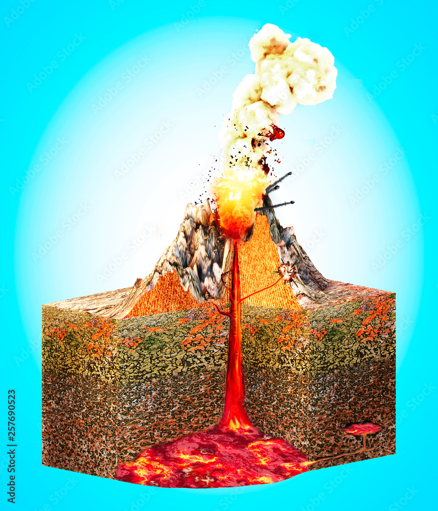 Section of a volcano, structural scheme and section of the terrain, 3d ...