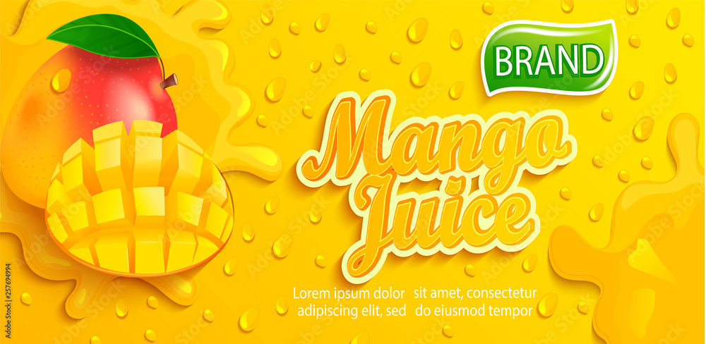 Fresh mango juice splash banner with apteitic drops from condensation ...