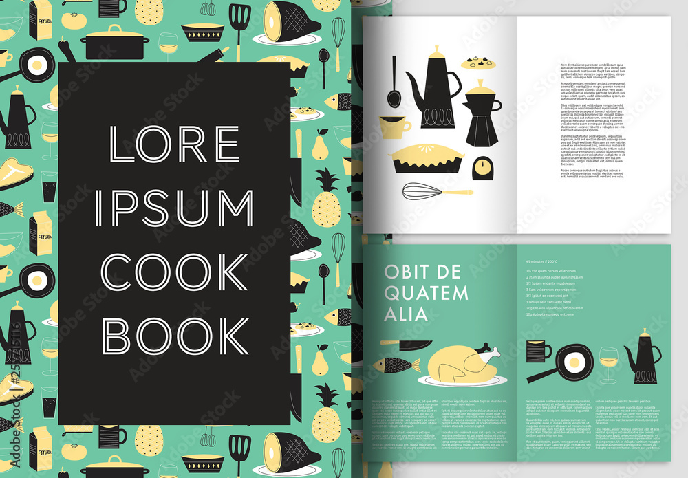 Cookbook Layout with Green and Yellow Icons Stock Template | Adobe Stock