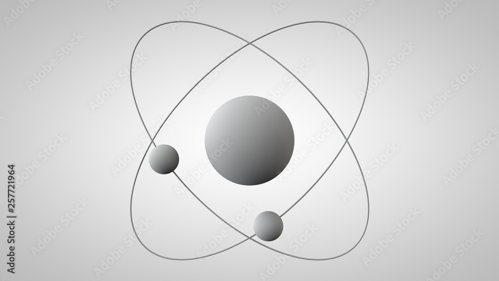 3D illustration of an atom model with a nucleus and two electrons in ...