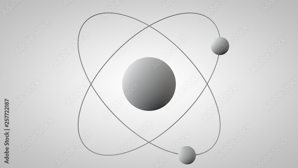 3D illustration of an atom model with a nucleus and two electrons in ...