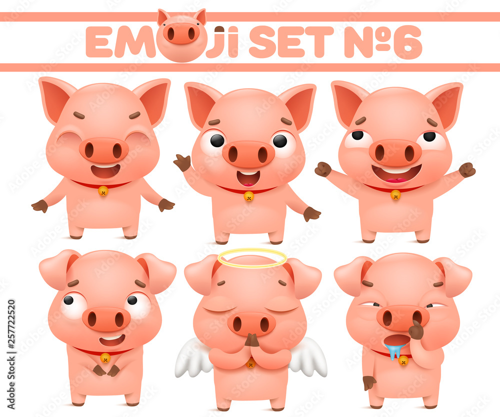 Set of cute pig cartoon emoticon characters in various emotions. Stock ...
